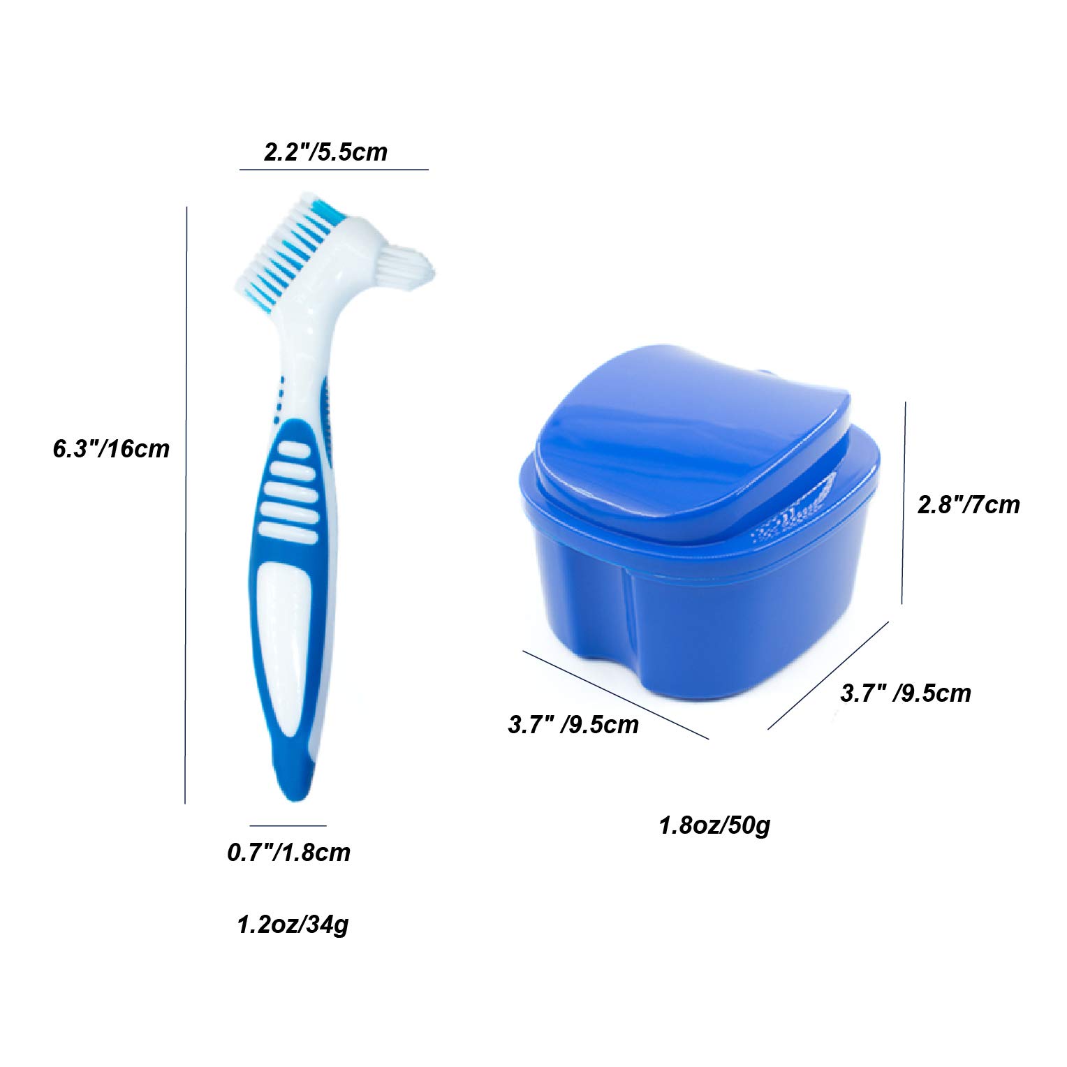 4 Pcs False Teeth Container, Denture Base Holder Box, Soaking Denture Bath with Strainer Basket & Denture Brush for Travel Overnight Denture Cleaning Case(Blue Green)