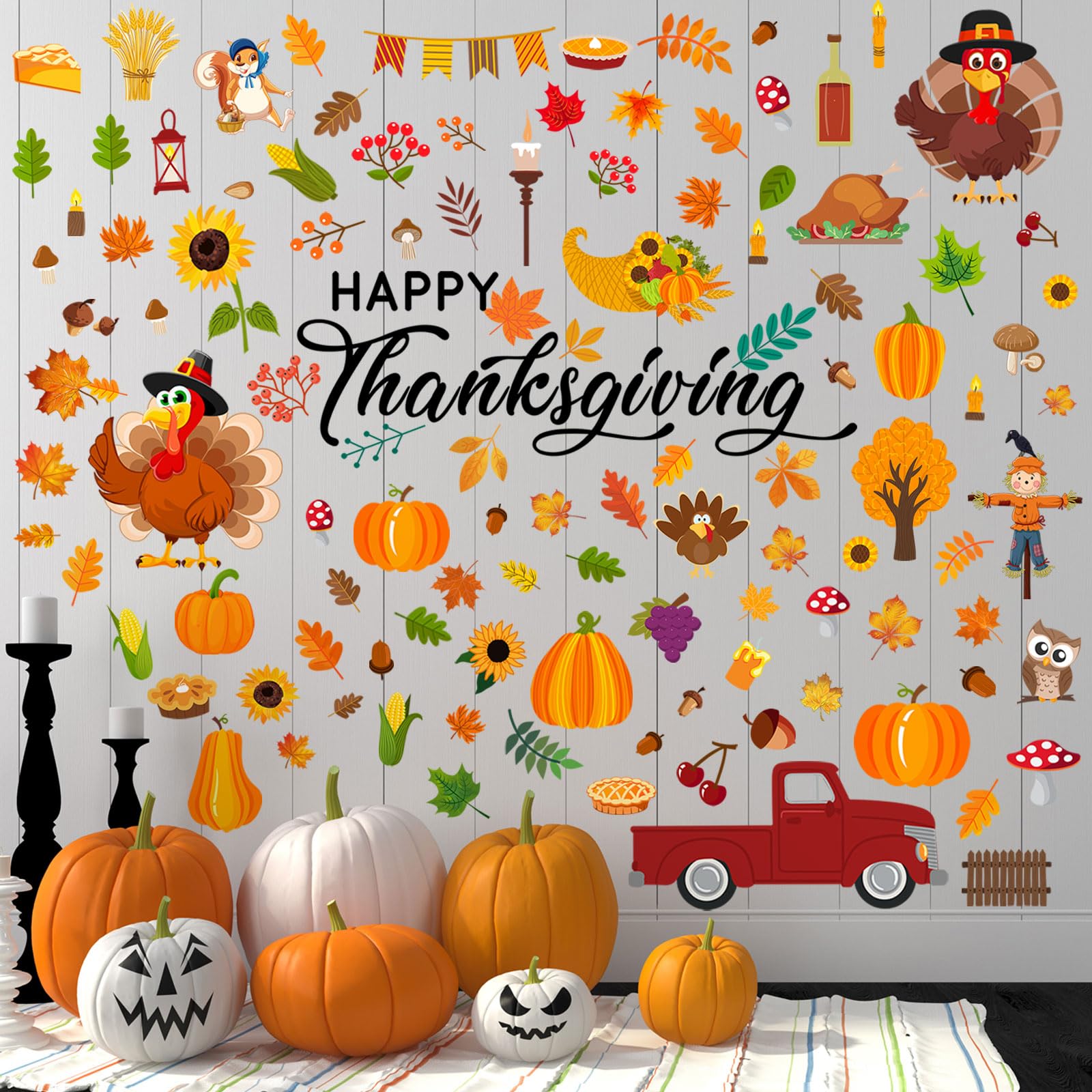 115 Pcs Fall Thanksgiving Wall Decals Turkey Maple Leaves Wall Stickers Autumn Pumpkin Wall Decals Decor Fall Leaves Window Clings Wall Decoration for Bedroom Living Room Home Decor