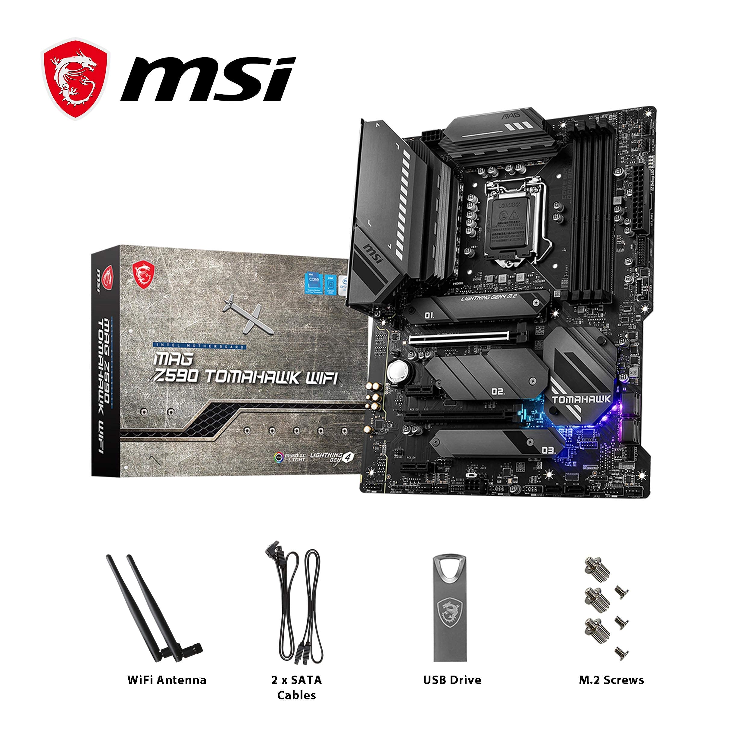 MSI MAG Z590 Tomahawk WiFi Computer Gaming Motherboard (ATX, 11th/10th Gen Intel Core, LGA 1200 Socket, DDR4, PCIe 4, CFX, M.2 Slots, USB 3.2 Gen 2, Wi-Fi 6E) Intel PC Motherboards (Renewed)
