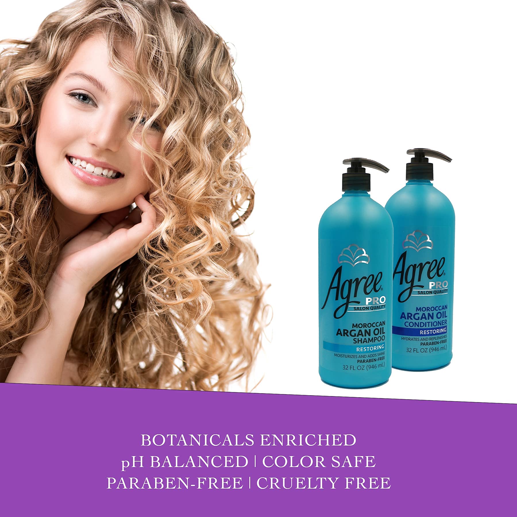 Agree Pro Moroccan Argan Oil Shampoo and Conditioner Set, Repairing and Deep Moisturizing (2x32 oz/ 946 ml bottles)
