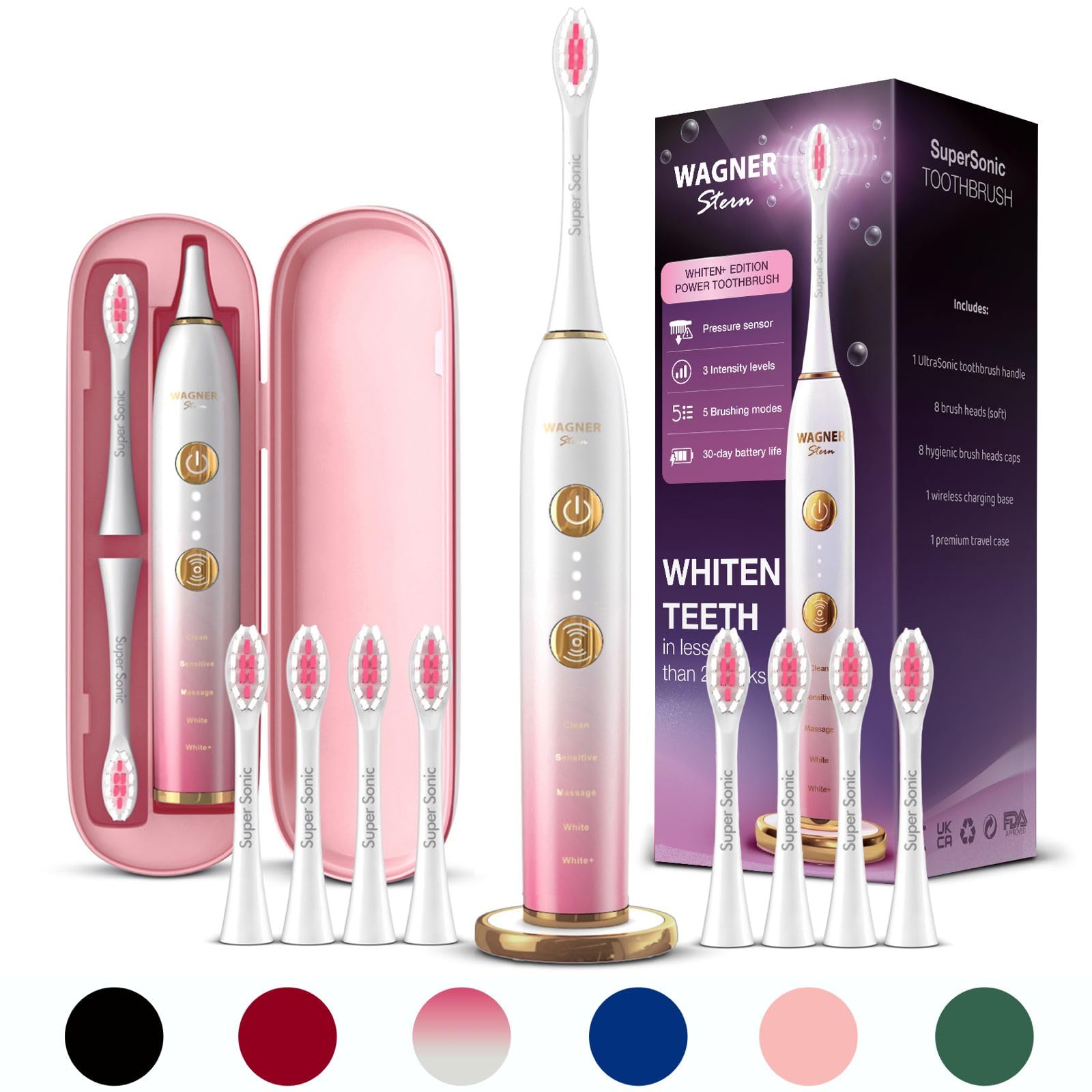 Wagner Stern WHITEN+ Edition. Whitening Electric Toothbrush with Pressure Sensor. Offers 5 Brushing Modes, 3 intensities, 8 Soft Brush Heads, and a Luxury Travel case.
