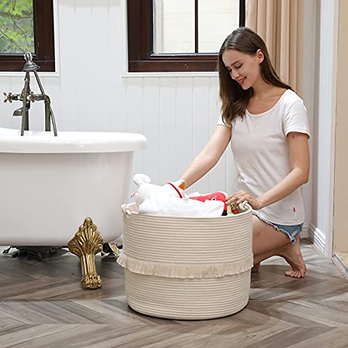 18" x 15" Large Woven Storage Baskets, Cotton Rope Decorative Hamper for Clothes, Blankets, and Laundry, Cute Tassel Decor - Home Storage Container - All White