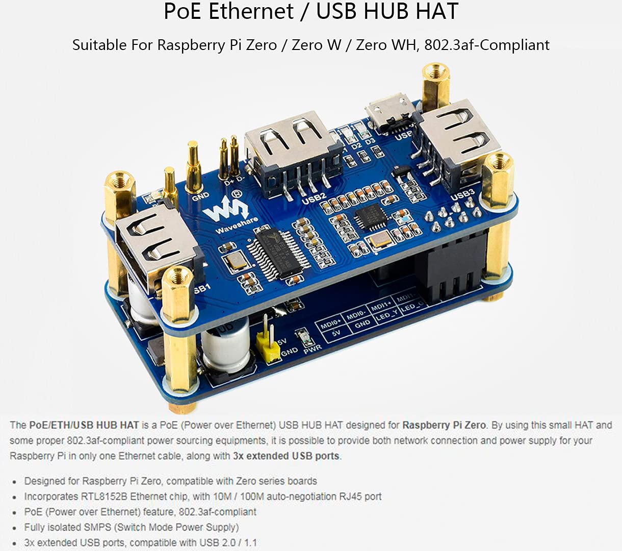 Bicool Power Over Ethernet (PoE) Ethernet/USB HUB HAT for Raspberry Pi Zero/Zero W/Zero WH, 3X USB 2.0 Ports, RJ45 Ethernet Port 802.3af-Compliant