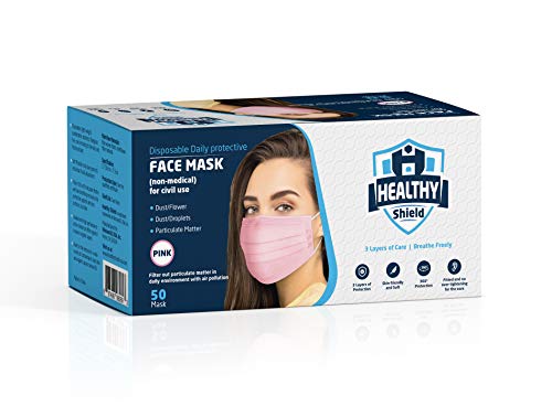Healthy Shield 50pcs Disposable 3-Ply Safety Face Mask, Comfortable Ear Loop and Breathable, Non-Woven, Mouth Covers, Nose Clip, perfect for Adult, Men, Women, Home, Office, Indoor, Outdoor. - Pink