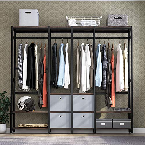 Tribesigns Freestanding Closet Organizer, Heavy Duty Clothes Closet, Extra Large Metal Garment Rack with Shelves and Hanging Rod, Vintage Walnut Board Finish & Black Metal Frame
