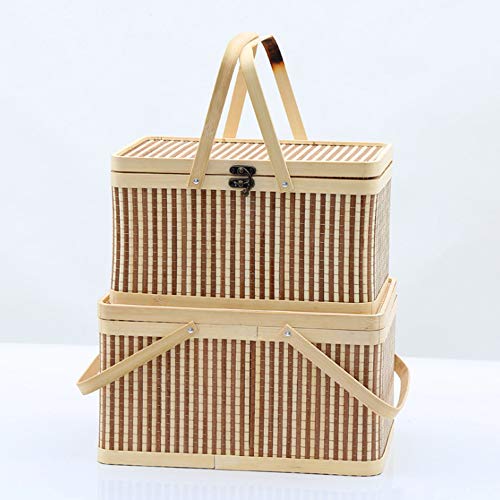 HEFUTE Handmade Bamboo Basket with Lid, Handle Square Portable Organizer with Lock Fit for Clothes Storage Lightweight Durable Easy to Carry
