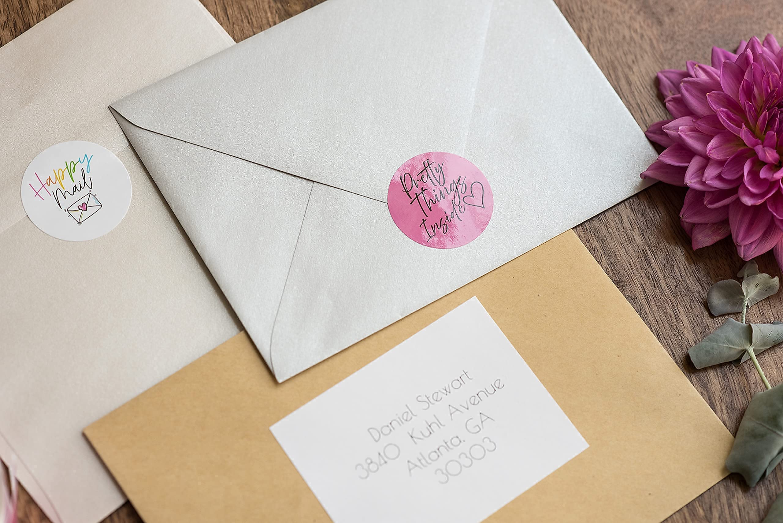 Assorted Cute Packaging Stickers - Roll of 500 - Four Fun Designs - 1.5" Round Glossy Sealers for Small Business - Happy Mail - Thank You for Your Business/Pretty Things Inside