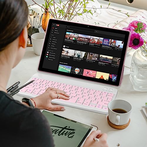2 in 1 Tablet 10 Inch, Android 11.0 Tablet with Keyboard Case, 4GB+64GB ROM/512GB Computer Tablets, Quad Core, HD Touch Screen, Dual Carema, Games, Wi-Fi,BT, Google GMS Certified Tablet PC (Pink)