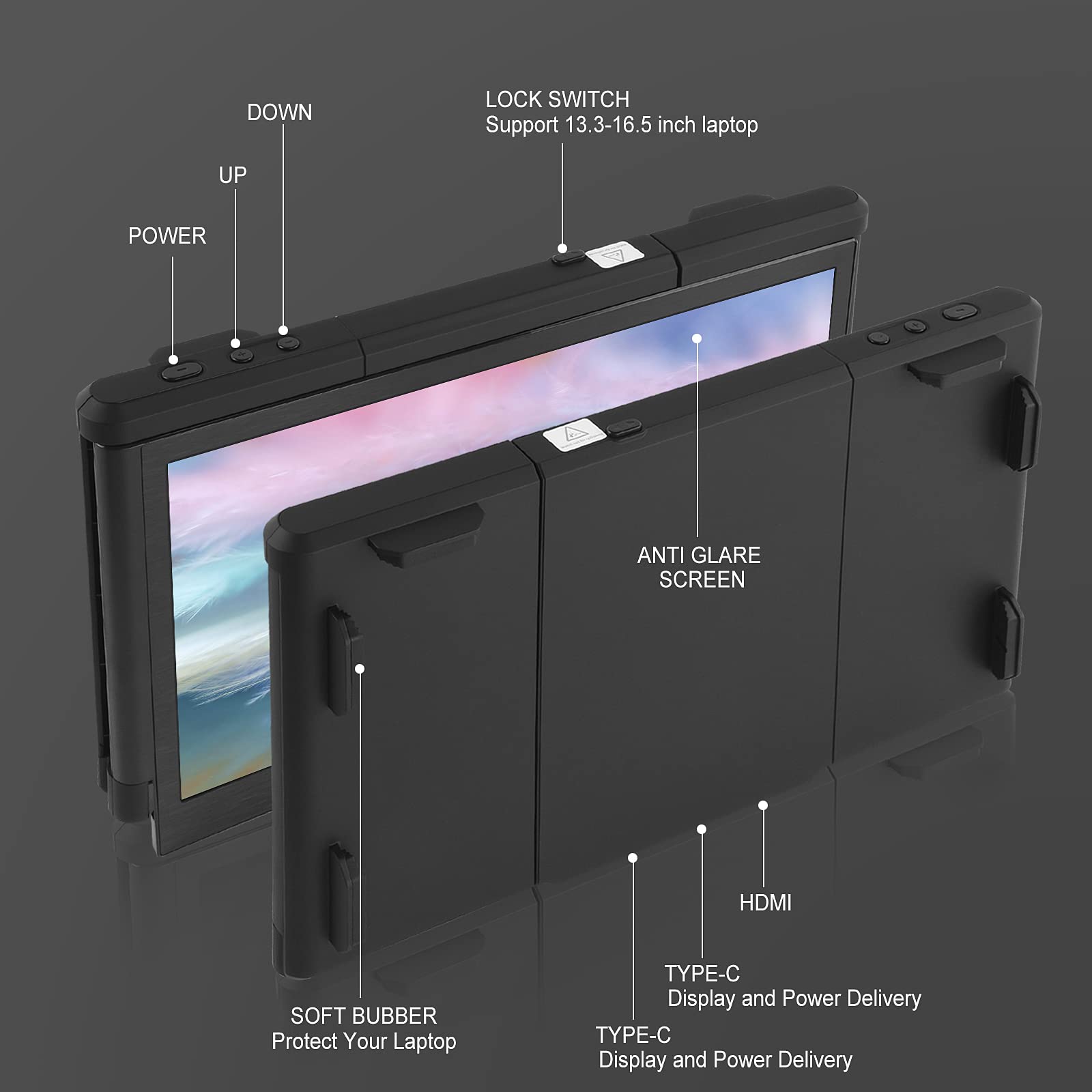 13.3inch Dual Portable Monitor, Laptop Screen Extender for 13.3-16 inch Mac Windows Notebook Phone