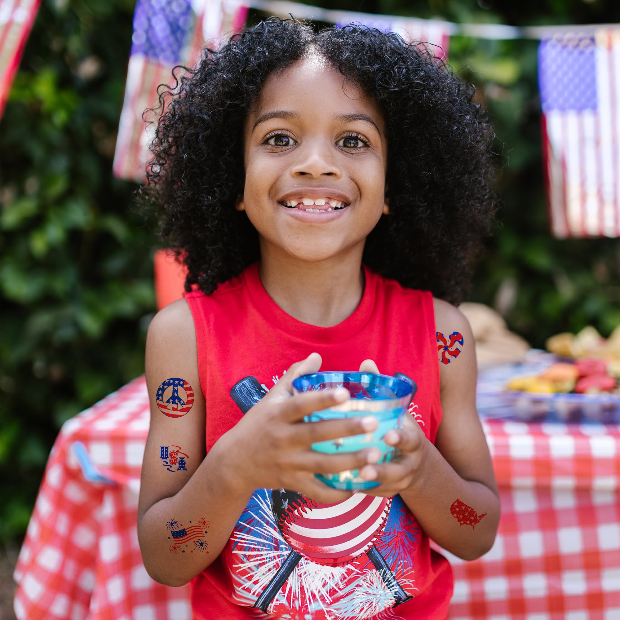 1.5" Patriotic American Flag Colorful Theme Washable Temporary Tattoos for Children & Adults, Face Art, Mini Stick Peel On & Off (144 Pieces)