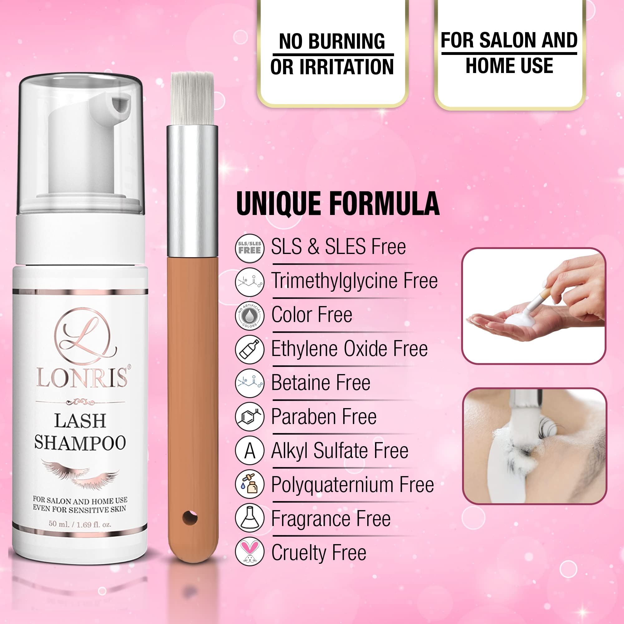 2 in 1 Eyelash Extension Shampoo & Mascara Remover/LONRIS Eyelid Foaming Cleanser/Extensions and Natural Lashes Safe Foam/False Eyelashes Makeup Wash/Paraben & Sulfate Free/Personal and Salon Use 50ml