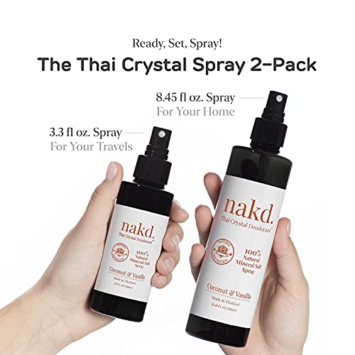nakd. Thai Crystal Deodorant Spray – 2 Salt Deodorant Crystal Sprays, 8.45 FL oz. Regular + 3.3 FL oz. Travel Size – Natural and Aluminum Free Deodorant for Women, Men, and Kids - Coconut & Vanilla
