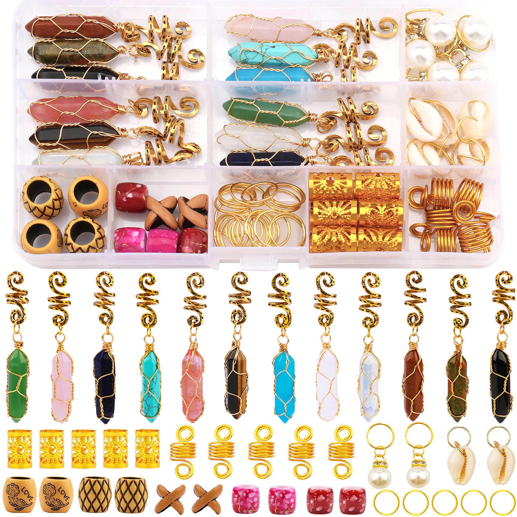 Messen 69 PCS Dreadlocks Jewelry Handemade Crystal Wire Wrapped Braids Hair Accessories Imitation Wood Beads Aluminum Hair Cuffs Coils Hair Rings Pearl Pendants for Hair Decoration (Gold)