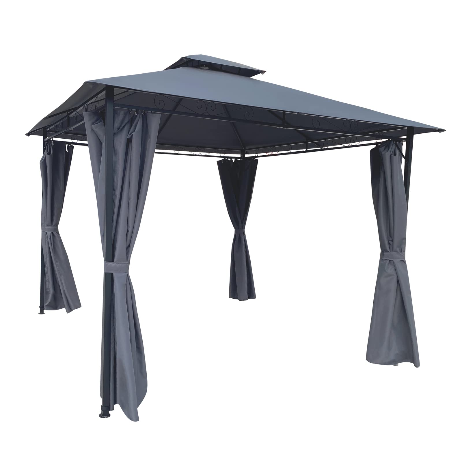 10 X 10ft Hardtop Gazebo, Double Roof Gazebo with Nettings, Outdoor Steel Frame Vertical Stripes Roof Permanent for Patio, Backyard, Lawns,Grey