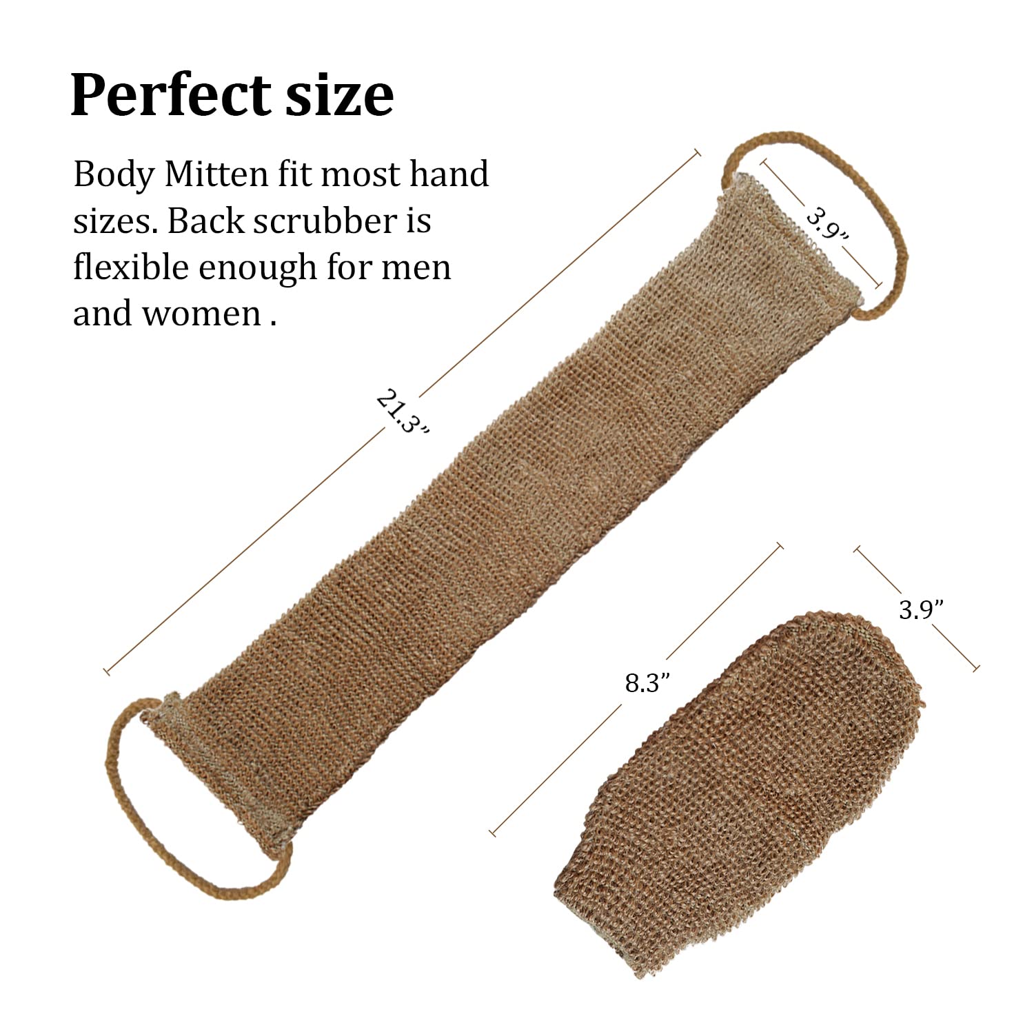 Natural Back Scrubber for Shower for Men and Women - Set of Hemp Back Washer & Exfoliating Glove for Body- Long Back Sleeve with Scrub Mitten for Deep Cleaning & Skin Relax