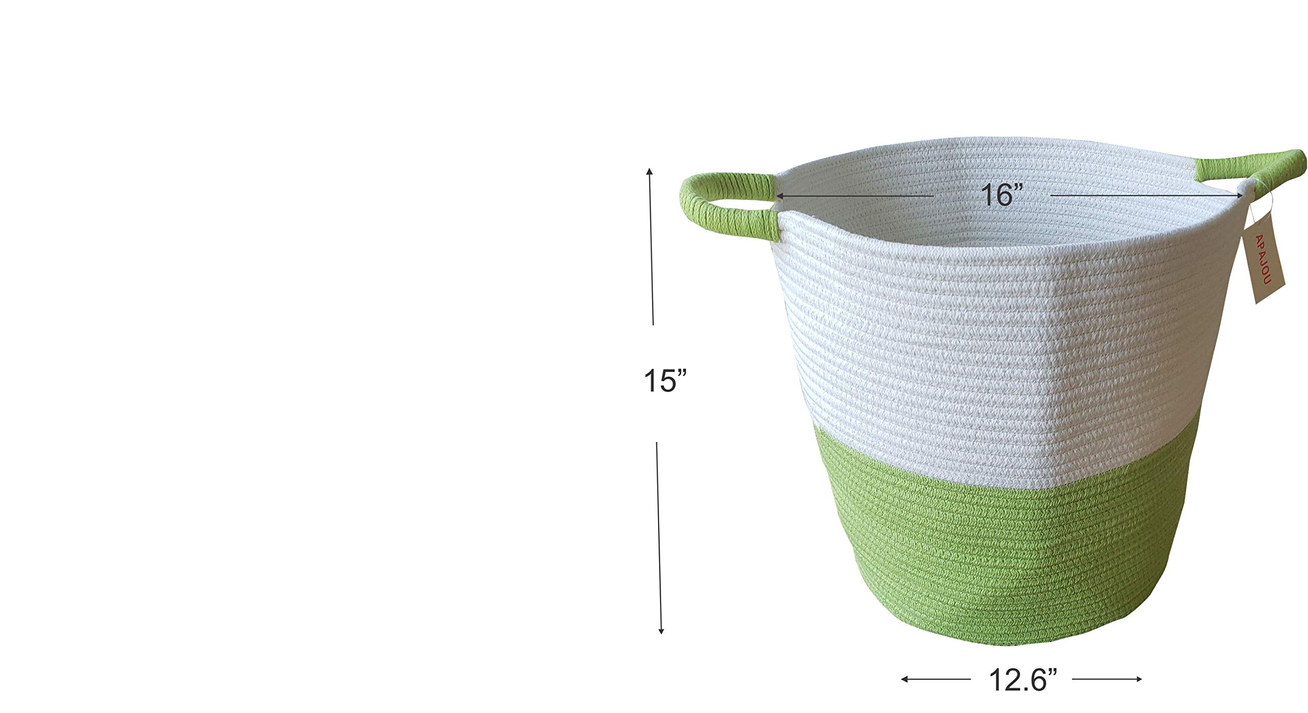 Apajou Large Cotton Rope Basket (12.5” x 16” x 15”) - Round Woven Storage Organizer Baby Basket Bin with Sturdy Handles - for Blankets, Toys, Laundry, Nursery, and More