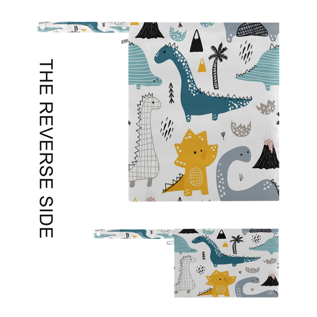 KEEPREAL 2Pcs Travel Wet and Dry Bag, Reusable Wet Bags Organizer with Two Zippered Pocket for Cloth Diaper, Swimsuit, Gym Clothes,Dino Scandinavian Style