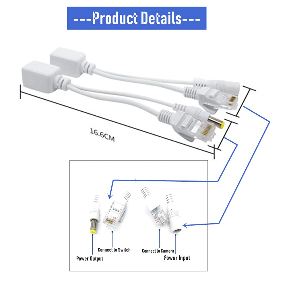 BeElion 5-Pair/10pcs White Passive PoE Injector and Splitter Kits with 5.5x2.1mm DC Connector RJ45 Power Over Ethernet for CCTV Surveillance Camera System