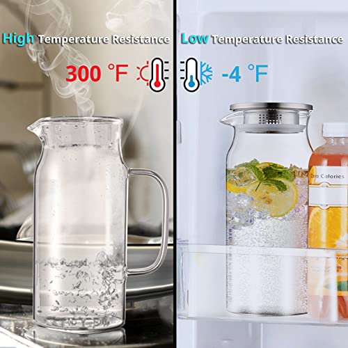 2 Liter 68 oz Glass Pitcher with Lid and Spout, Bivvclaz Glass Water Pitcher for Fridge, Glass Carafe for Hot/Cold Water, Iced Tea Pitcher, Large Pitcher for Coffee, Juice and Homemade Beverage