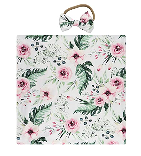 Terriboo Newborn Receiving Blanket and Headband Set Flower Print Baby Swaddle Wrap Floral (Pink)