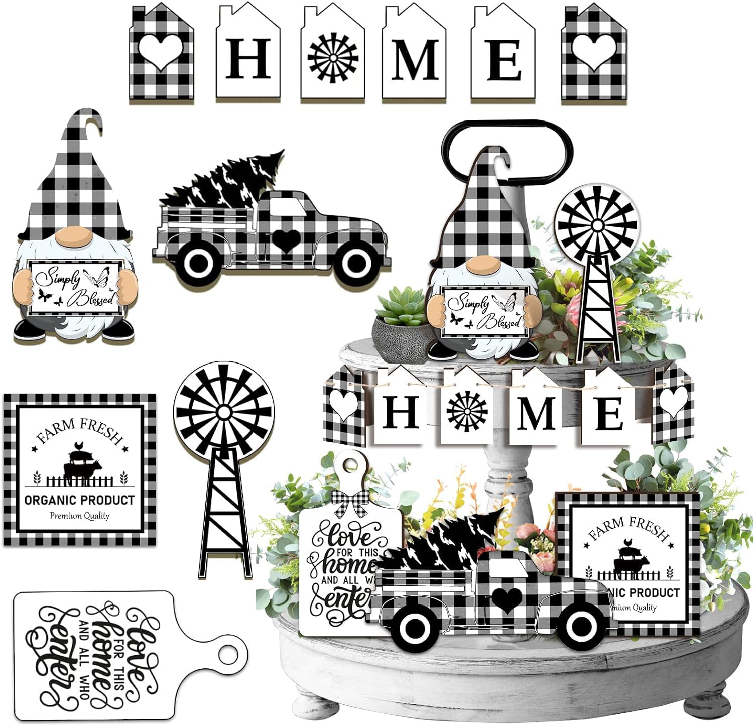 10 PCS Christmas Tiered Tray Decor, Joy Believe Farmhouse Wood Signs for Xmas Kitchen Table Shelf