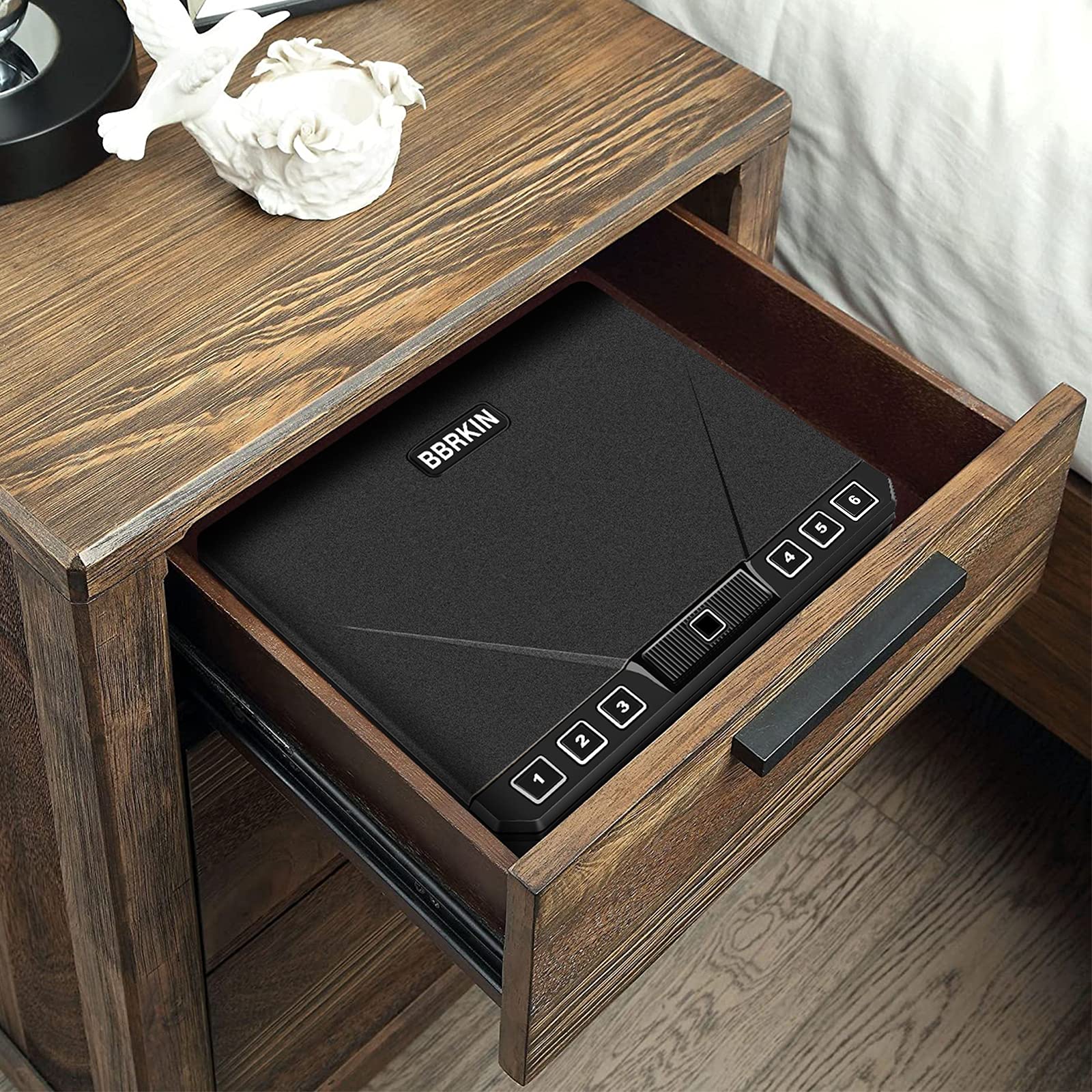 Biometric Gun Safe for Pistols, Wall Mounted Fingerprint Handgun Safe Lock Box for Bedside Car Nightstand Drawer Closet -with Security Cable/Light/Safe Organizer