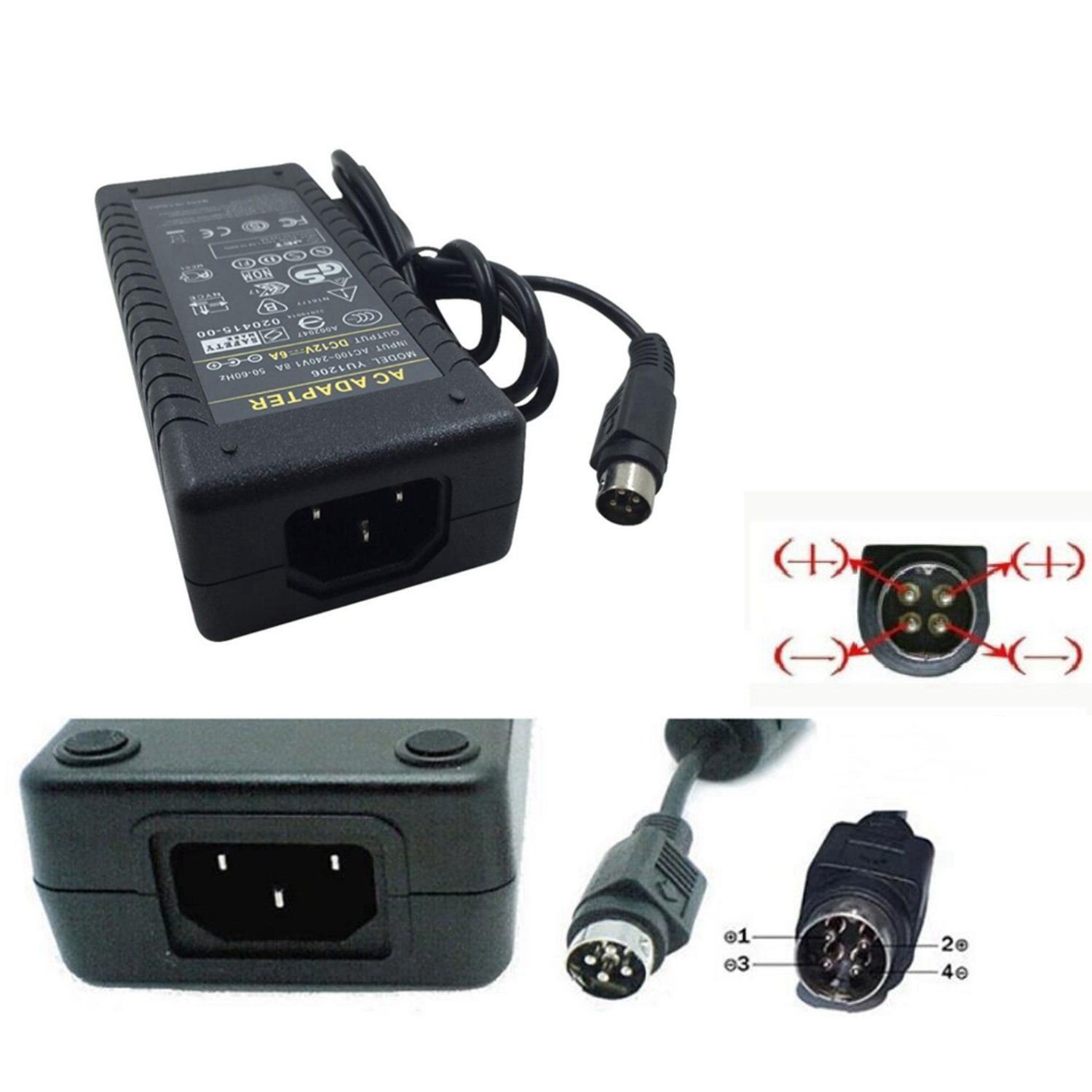 12V5A 6A Switching Power Supply 4 Pin 60W 72W AC DC Converter Adapter 4-Pin for LCD TV Monitor Flat Panel TV DVR Cable Cord Charger with AC Cable (12V6A 4pin with AC Cable)