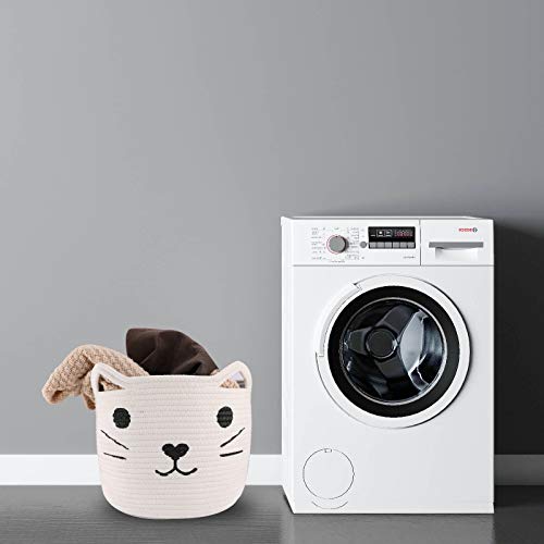 12''X10'' Woven Basket White Toy Storage Basket Cat Design | LONTAN Cotton Rope Basket Collapsible Baby Hamper Cute Bathroom Storage Basket for Clothes, Towels