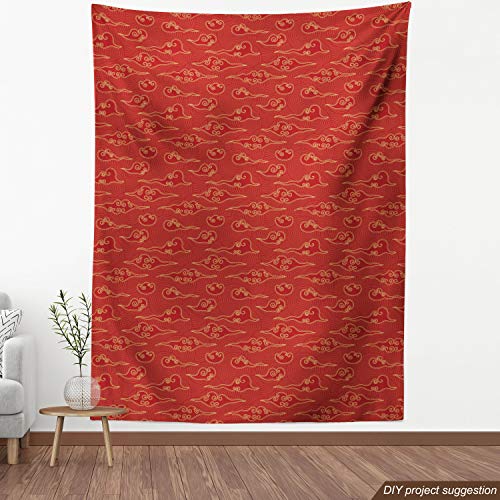 Ambesonne East Fabric by The Yard, Traditional Japanese Style Sky Scrolling Clouds Far Eastern Folk Motif Pattern, Decorative Fabric for Upholstery and Home Accents, 1 Yard, Vermilion Cream