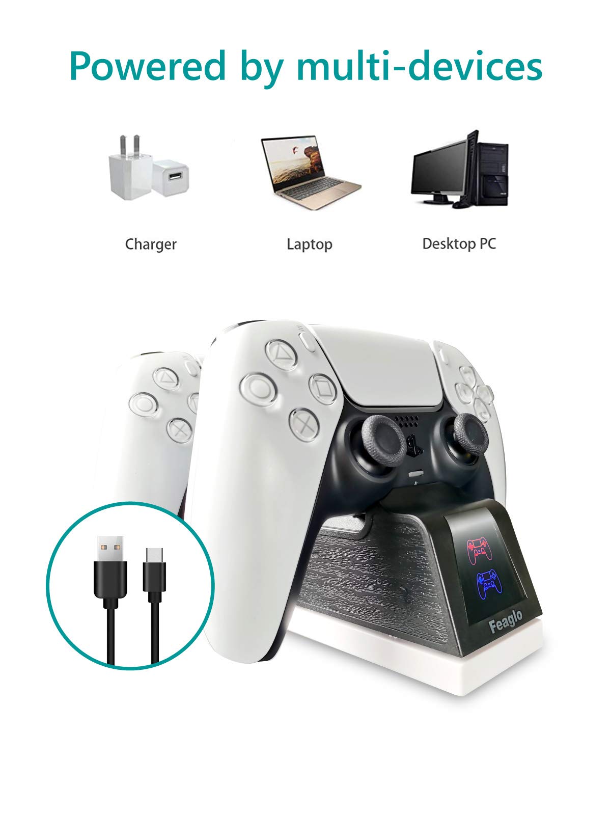 2H Fast Charging PS5 Controller Charger, Feaglo Spring Charging Station for Playstation 5 Dualsense Controllers, Charger Dock with LED Indicator