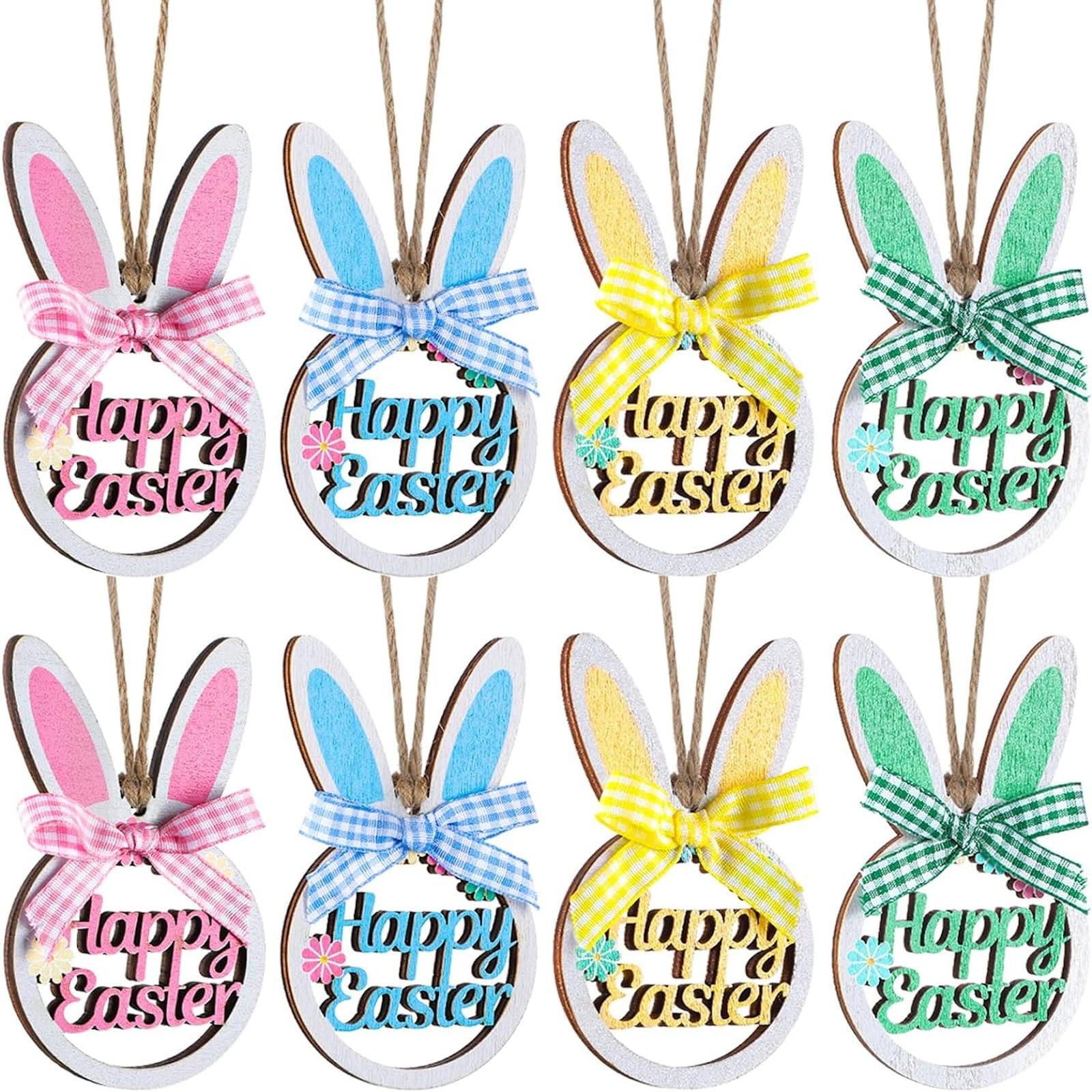 16 Pieces Easter Rabbit Tree Ornament Wooden Hanging Bunny Ornaments with Plaid Bow and Rope Wood Hollowed Out Easter Ornaments Cute Spring Hanging Decorative for Home Garden Decor (Bunny Ears Style)