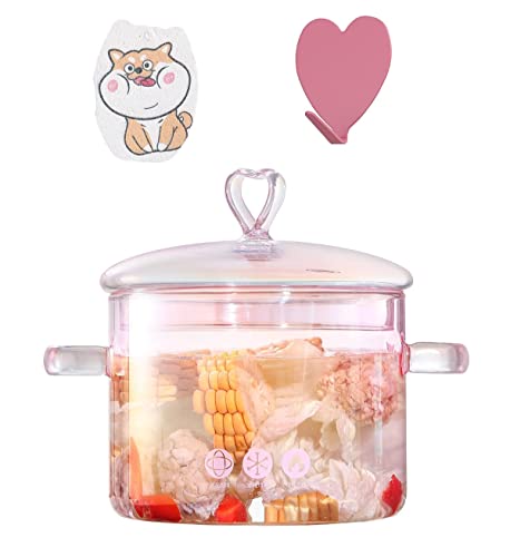 1.5L/51oz/6cups, Pink Glass Pots for Cooking on Stove Glass Pot with Lid Glass Pots for Cooking Glass Cooking Pot Heat Resistant Glass Saucepan Simmering Cooking Pasta Vegetable Soup Salad