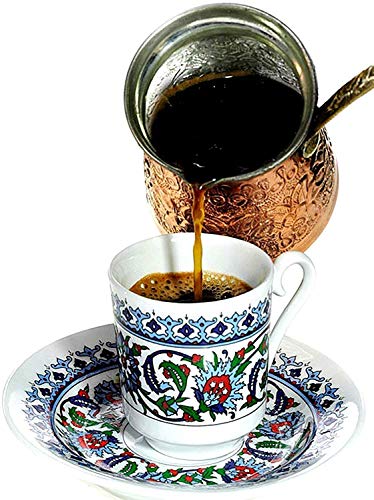 Amazing Turkish Arabic Coffee Espresso Cups 5 Pcs Fancy Set Famous Turkish Porcelain Cups with Saucers, Pot,Blue Velvet Authentic Box (Turkish Coffee Cup and Saucer (2 Sets) 4 Pieces)