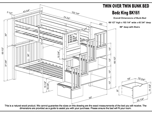 Bedz King Tall Stairway Bunk Beds Twin over Twin with 4 Drawers in the Steps and 2 Under Bed Drawers, Dark Cherry