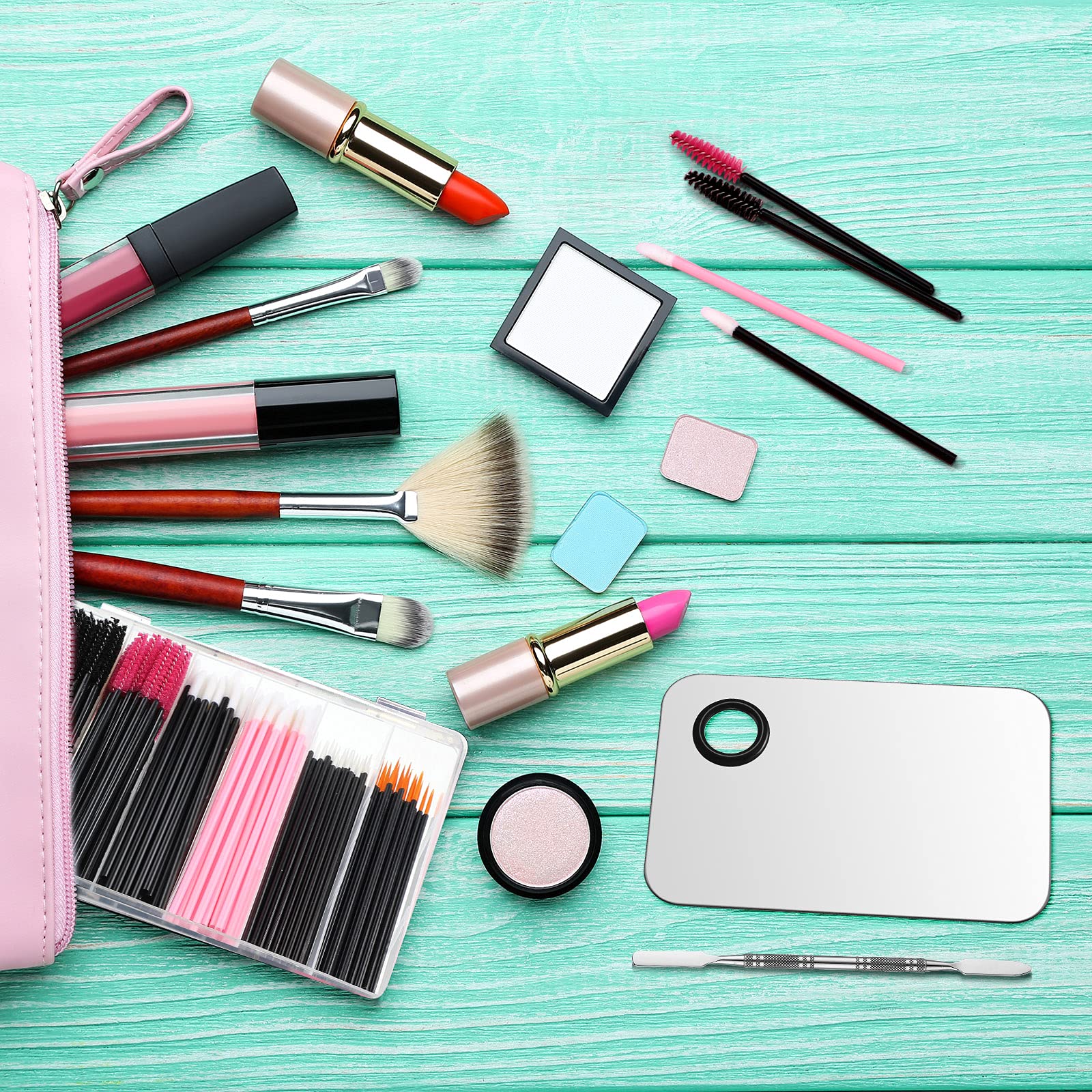 260 Pieces Disposable Makeup Tools Kit, Includes Eyeliner Brushes Mascara Wands Lipstick Applicators Plastic Storge Box Short Waterproof Cape Stainless Steel Makeup Palette and Spatula (Mixed Color)