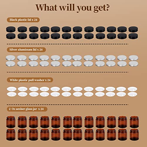 2 oz Amber Round Glass Jars (24 Pack & 48 Lids), Empty Cosmetic Containers with Inner Liners and 24 black Lids & 24 Silver Lids for Slime, Beauty Products, Cosmetic, Lotion, Ointments & DIY