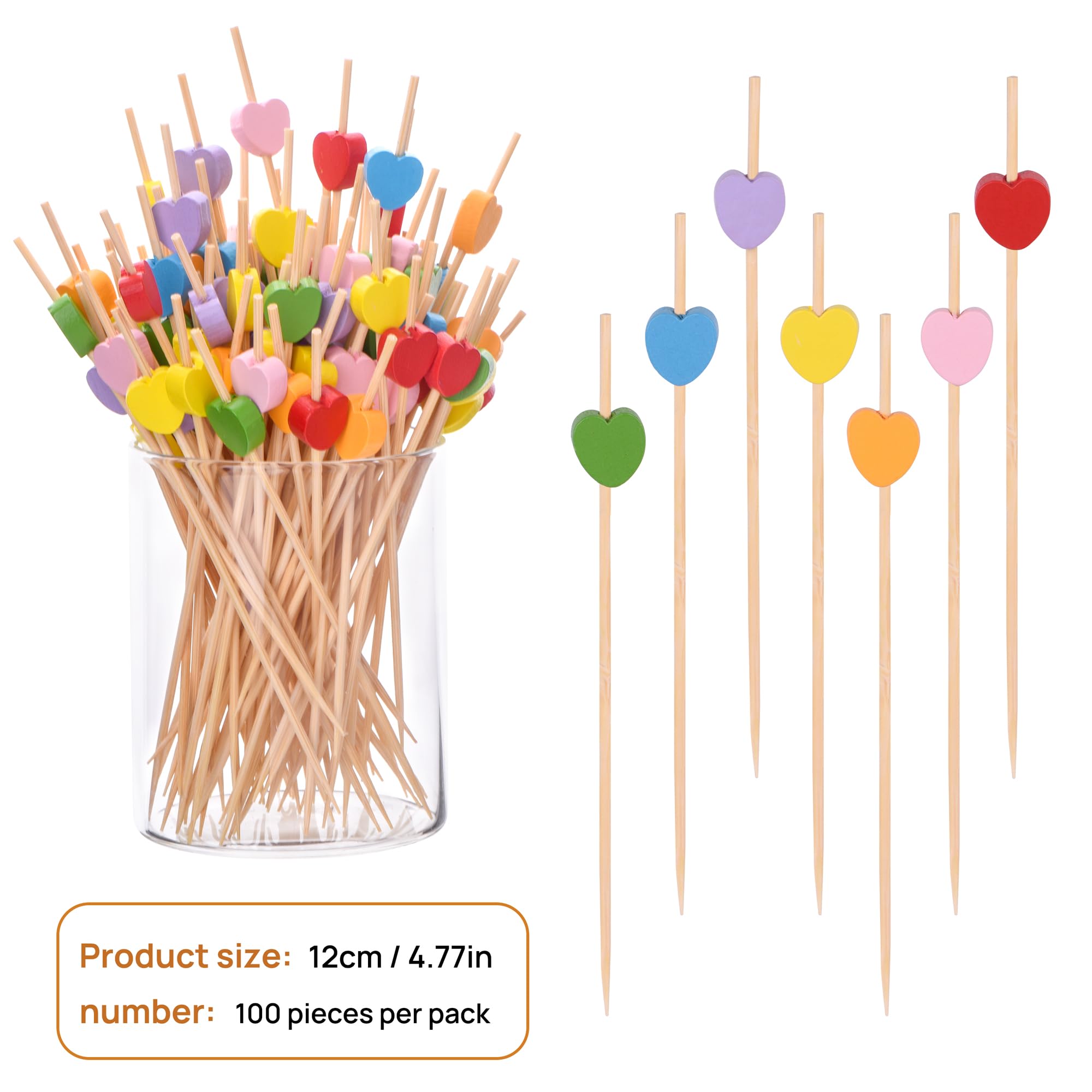 100 Pack Fruit Toothpicks, Heart-Shaped Bamboo Cocktail Picks, Natural Bamboo Toothpicks for Appetizers Fruit Cake Dessert Barbecue Snacks Sandwiches (Pink)