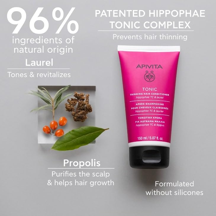 Apivita Tonic Thinning Hair Conditioner 150ml with Patented Hippophae Tonic Complex, Laurel and Propolis - Strengthens Hair, Prevents Breakage, Detangles and Adds Volume