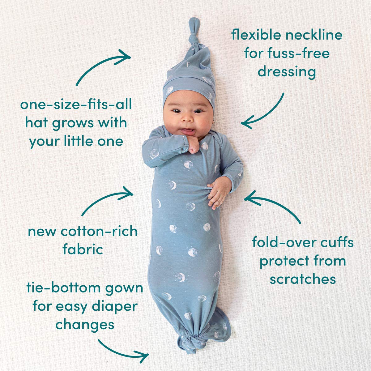 aden + anais Comfort Knit Knotted Newborn Baby Gown and Hat, Super Soft Cotton with Spandex, Infant Gown with Fold Over Mitten Cuffs, 2 Piece Set, 0-3 Months, Blue Moon