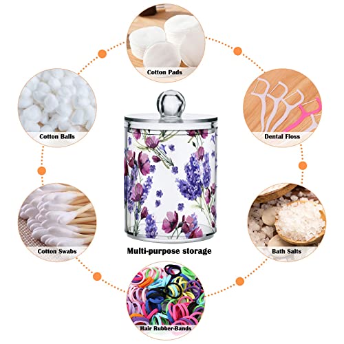 2 Pack Qtip Holder Dispenser for Cotton Ball Purple Lavender on White Cotton Swab Cotton Round Pads Clear Plastic Acrylic Jar Set Bathroom Canister