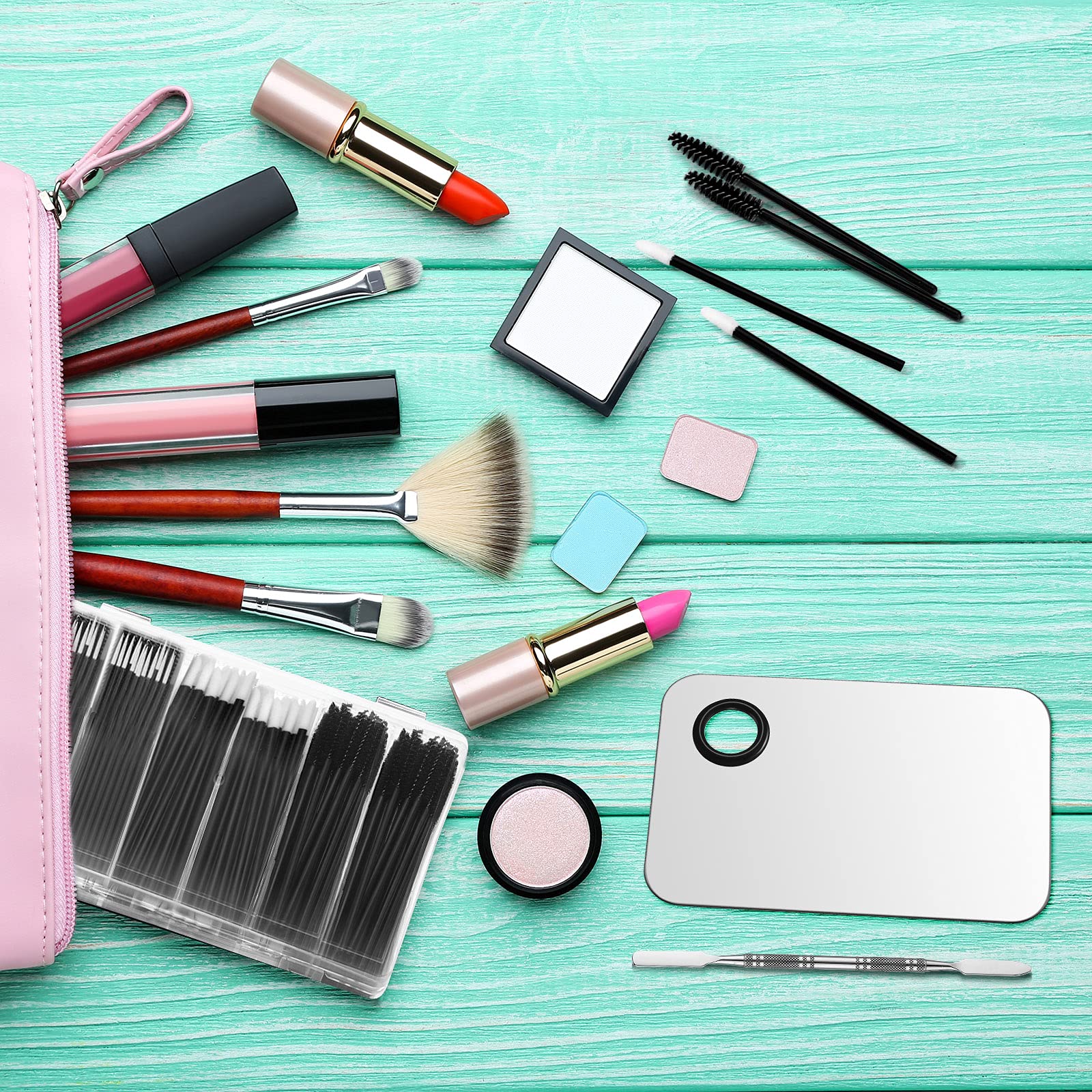 260 Pieces Disposable Makeup Tools Kit, Eyeliner Brushes Mascara Wands Lipstick Applicators Plastic Organizer Box Short Waterproof Cape Stainless Steel Makeup Palette, Spatula (Black) (Black)