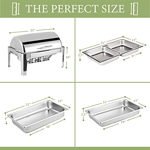8 Qt Full Size Roll Top Chafing Dish Bundle Stainless Steel - 1 Full Size and Food Pans, 1 Water Pan, 1 Sectional Food Pan, 1 Tung and 1 Serving Spoon - Fuel Holders and Lid + Free Apron,