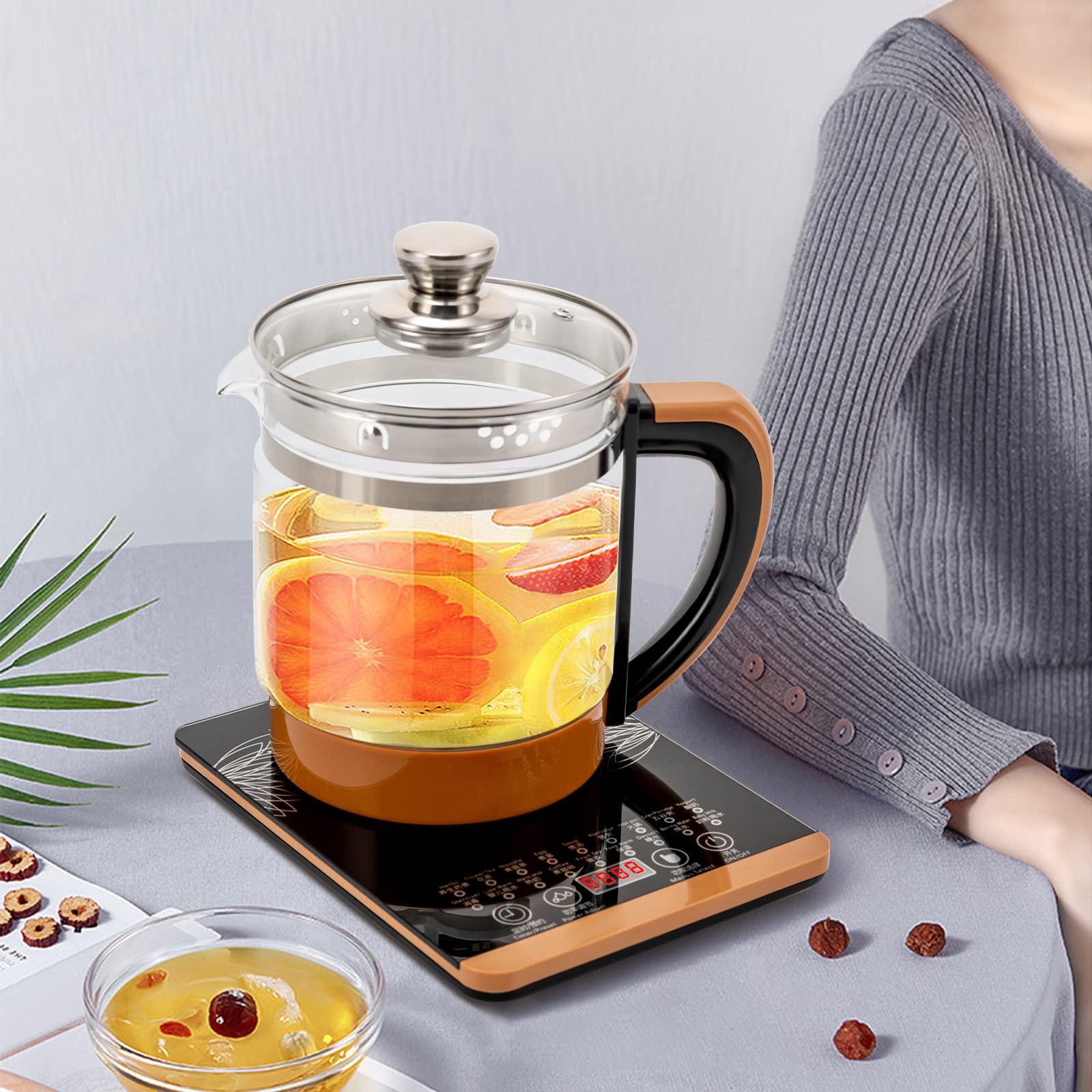 1.8L 800W Electric Glass Kettle with Digital Panel Heating Base, 1* Stainless Steel Tea Strainer, 1* Steamed Eggs Holder, 12 Common Tea Brewing Modes, Clear, Brown