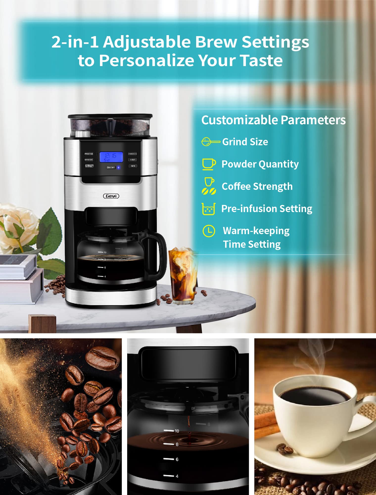 10-Cup Drip Coffee Maker, Brew Automatic Coffee Machine with Built-In Burr Coffee Grinder, Programmable Timer Mode and Keep Warm Plate, 1.5L Large Capacity Water Tank, Removable Filter Basket, 900W