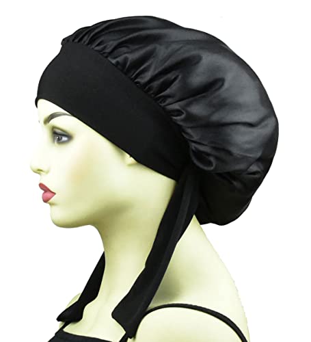 Silk Bonnets Satin Bonnet for Women Curly Hair Covers Large Sleep Hair Bonnets Sleeping Night Cap Silk Bonnet with Tie Band Black