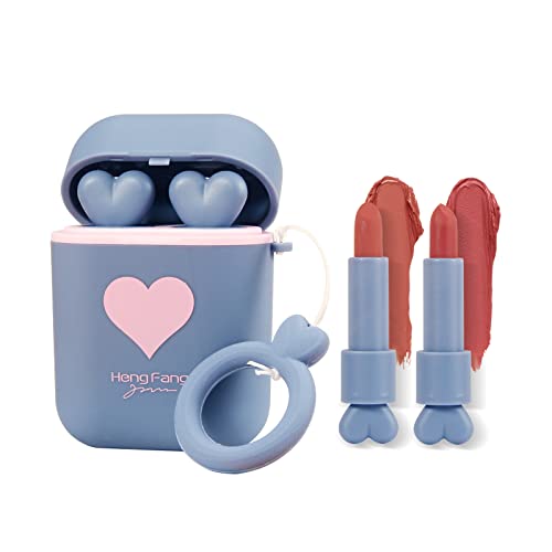 LAMUSELAND Matte Lipstick, 2Pcs/Set Waterproof Long Lasting Moisturizing Lip Stain Earphone Dual-color Lip Tint Gloss, Non-stick Cup Lip Make Up Gift Kit for Girls (Blue)