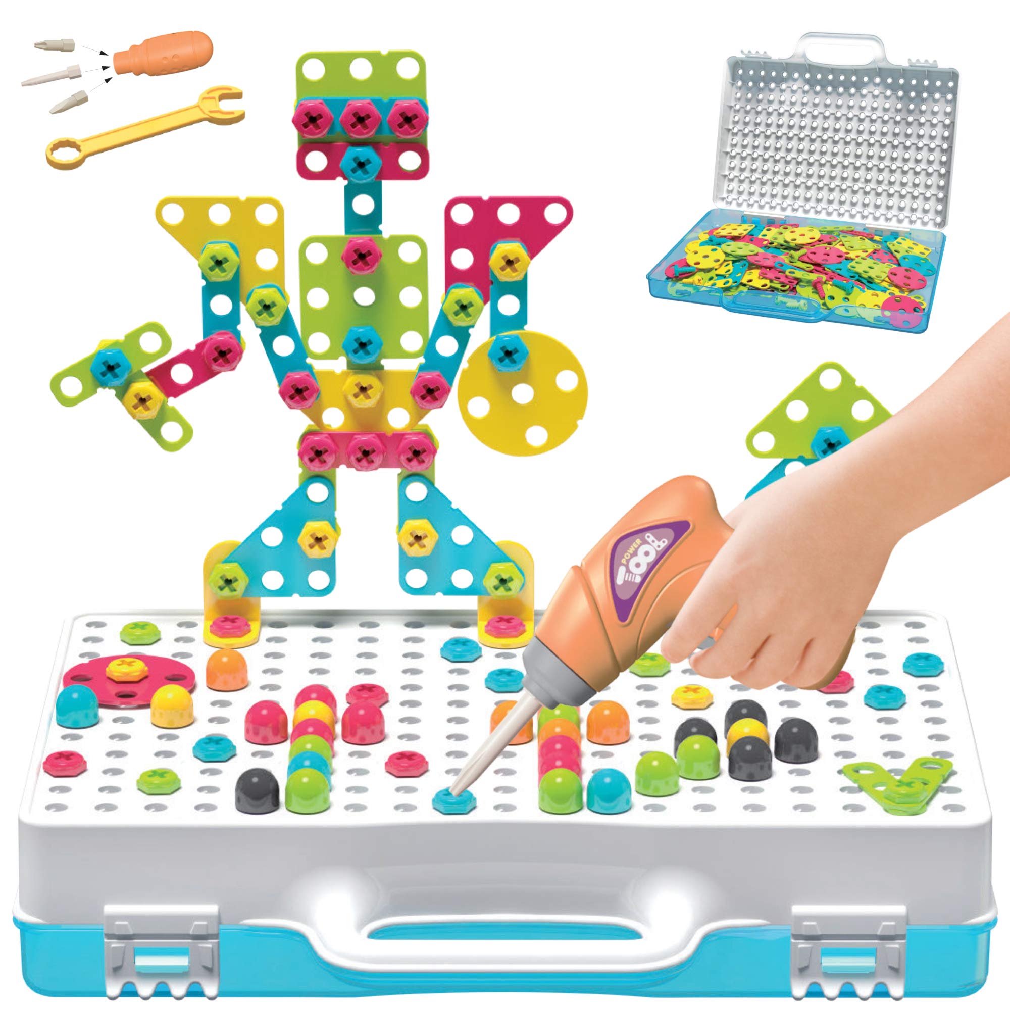 249 PCS STEM Learning Toys – Electric Drill DIY Educational Set, Creative Engineering with Various Shapes and 5 Toy Tools – 2&3D Mosaic Construction Kit for Toddlers, Boys and Girl Ages 3 4 5 6 7 8 9