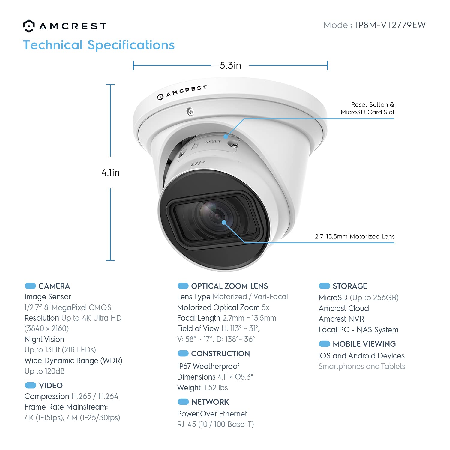 Amcrest 4K Optical Zoom IP Camera, Varifocal 8MP Outdoor POE Camera Turret, Security Camera, 2.7mm~13.5mm Lens, IP67 Weatherproof, MicroSD Recording (IP8M-VT2779EW)