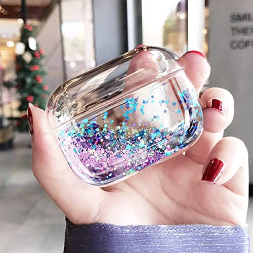 NZND Case Compatiable with Apple Airpods Pro (2019 Released), Glitter Liquid Sparkle Flowing Floating Durable Girls Women Kids Cute Clear Hard Cover Carrying Case -Purple/Blue