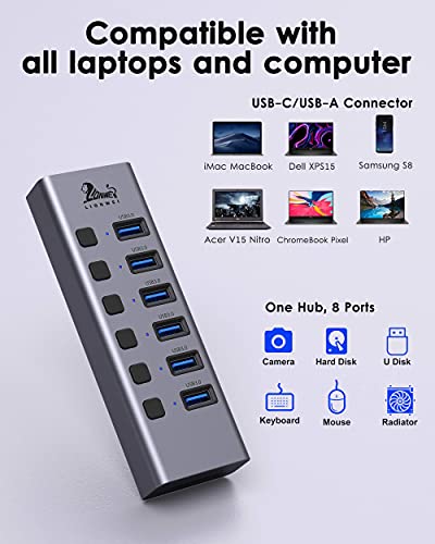 LIONWEI Universal 8-Port Powered USB 3.0/USB C Hub, Aluminum USB Splitter with 6 USB 3.0 Data Ports, SD/TF Card Readers, On/Off Power Switches, AC Adapter